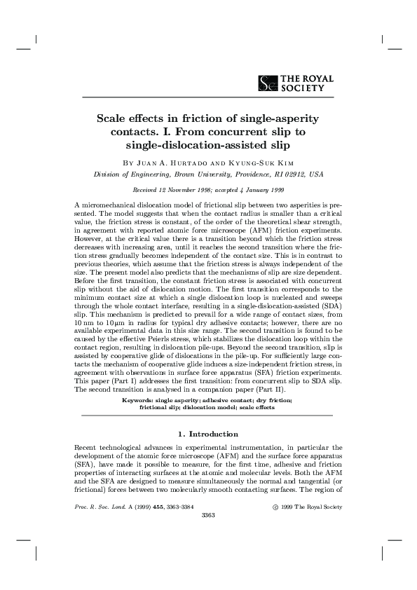 (PDF) Scale effects in friction of single-asperity contacts. I. From concurrent slip to single ...