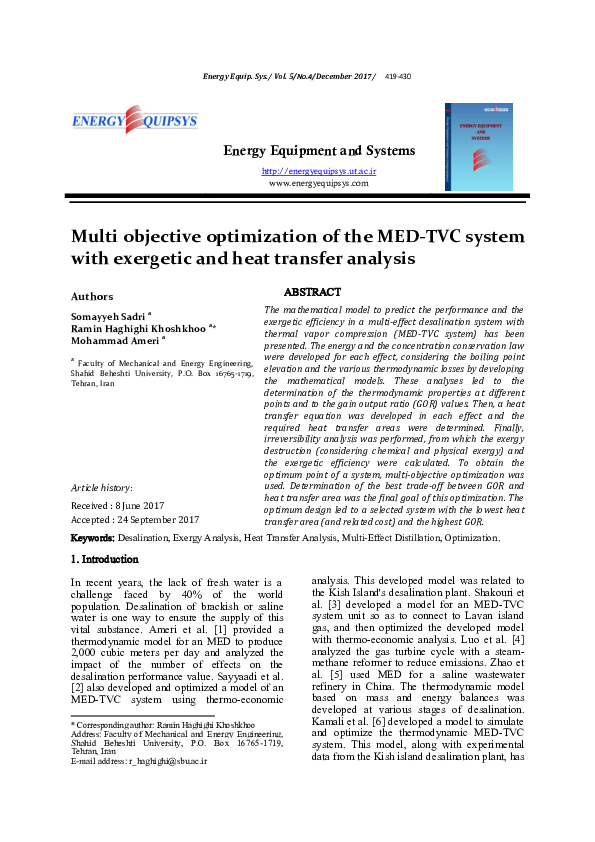 (PDF) Multi objective optimization of the MED-TVC system with exergetic and heat transfer analysis