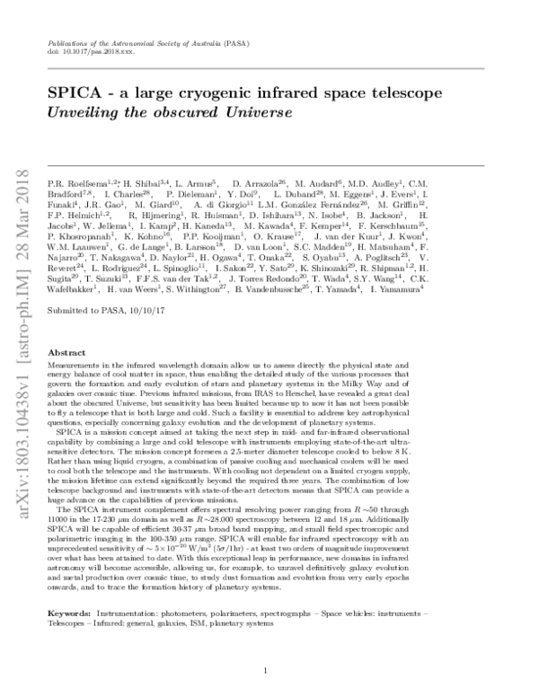 (PDF) SPICA - a large cryogenic infrared space telescope Unveiling the ...