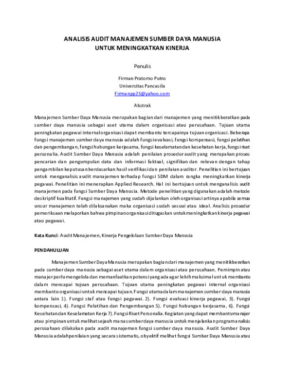 (PDF) ANALISIS AUDIT MANAJEMEN SUMBER DAYA MANUSIA UNTUK MENINGKATKAN KINERJA Penulis