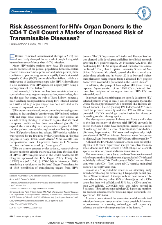 (PDF) Risk assessment for HIV+ organ donors