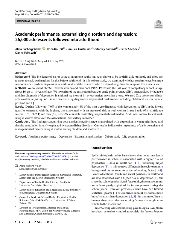 (PDF) Academic performance, externalizing disorders and depression ...