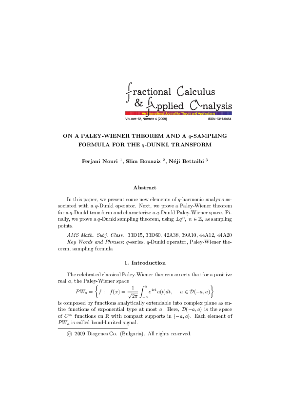 (PDF) On a Paley-Wiener theorem and a q-sampling formula for the q-Dunkl transform