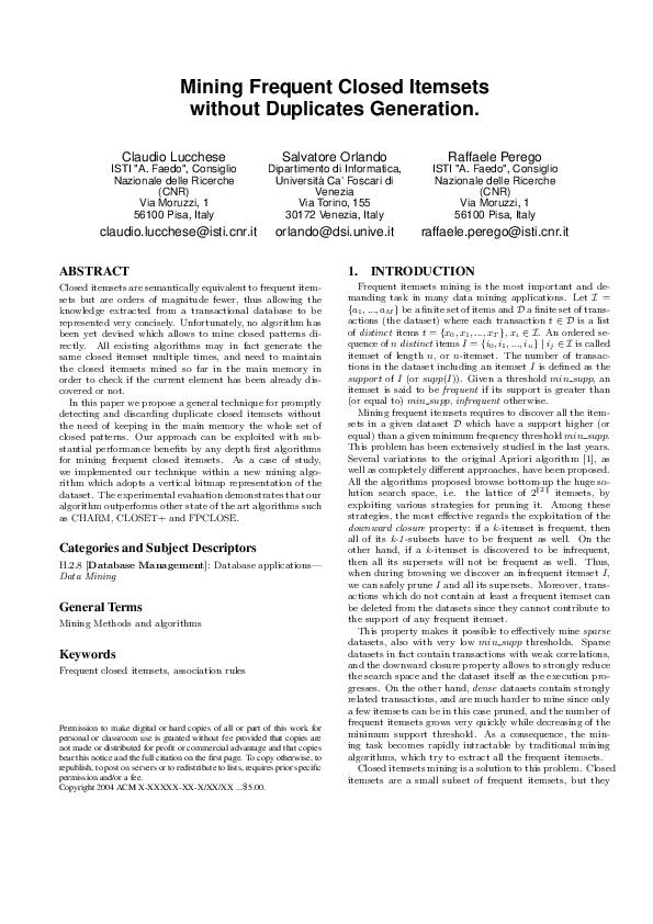 (PDF) Mining frequent closed itemsets without duplicates generation