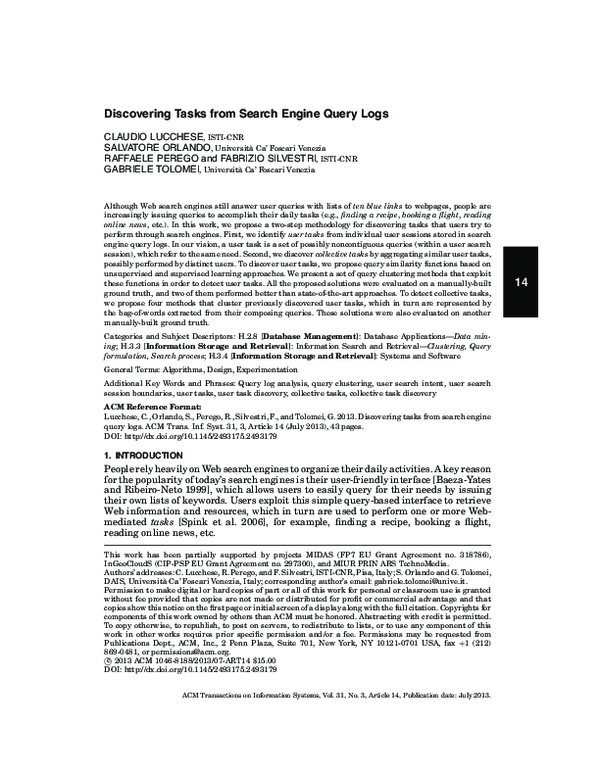 (PDF) Discovering tasks from search engine query logs