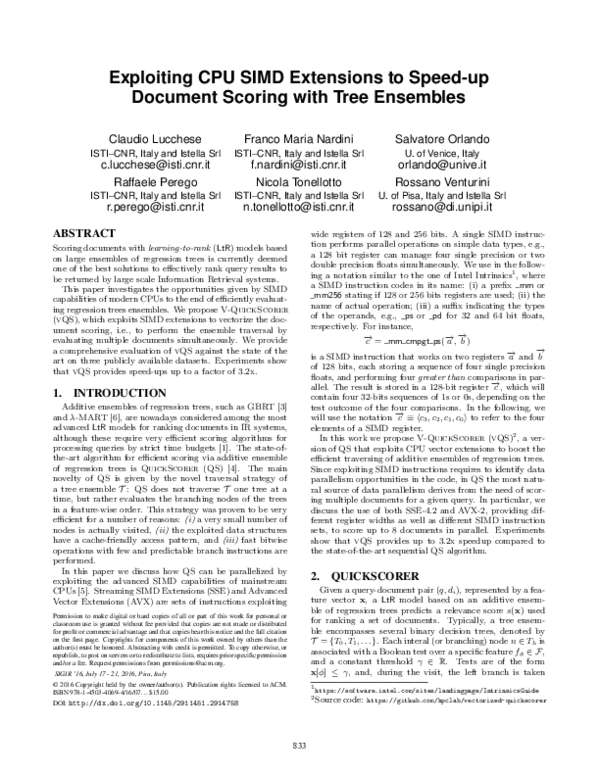 Pdf Exploiting Cpu Simd Extensions To Speed Up Document Scoring With Tree Ensembles