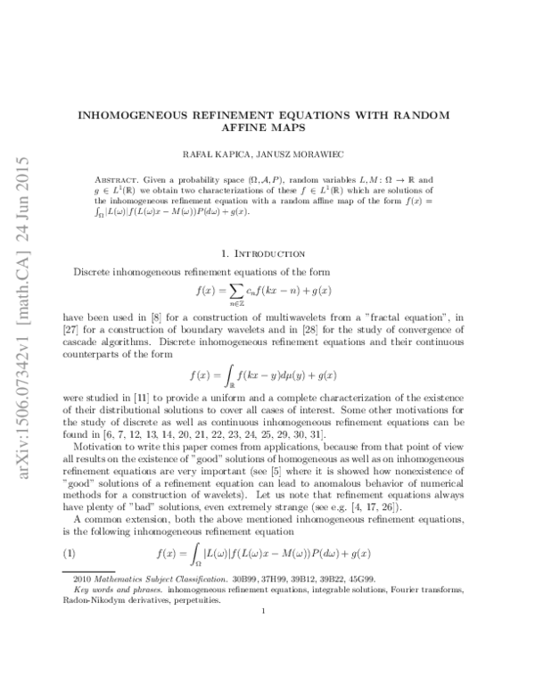 (PDF) Inhomogeneous refinement equations with random affine maps