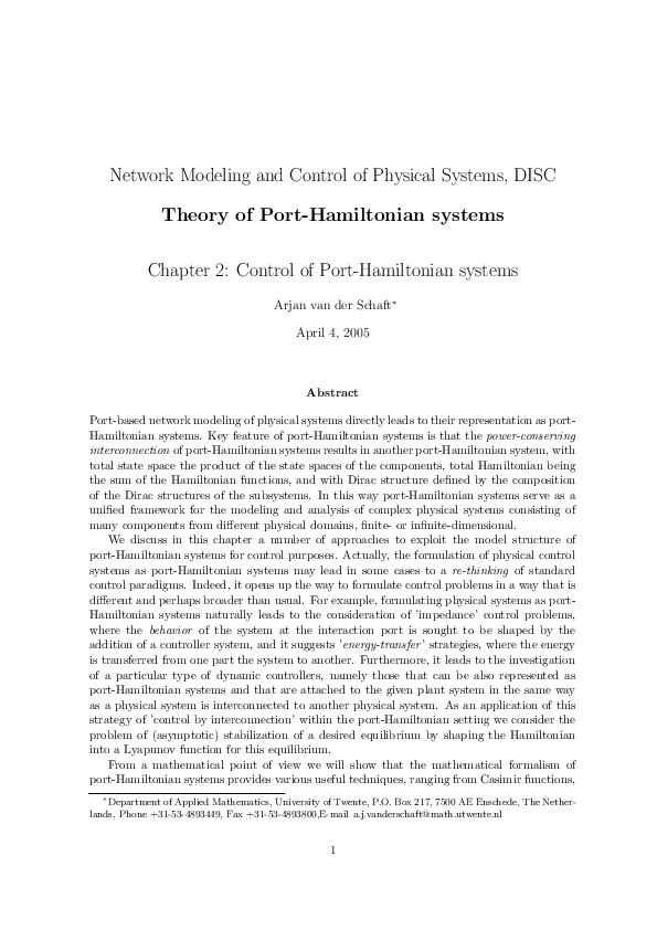 (PDF) Theory of port-Hamiltonian systems, Chapter 2: Control of