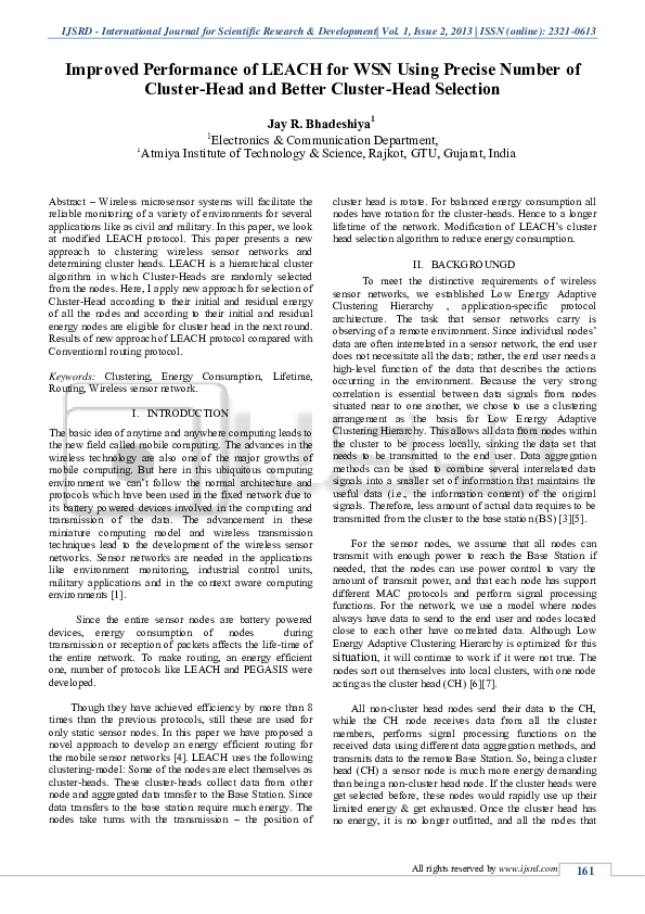 Pdf Improved Performance Of Leach For Wsn Using Precise Number Of Cluster Head And Better