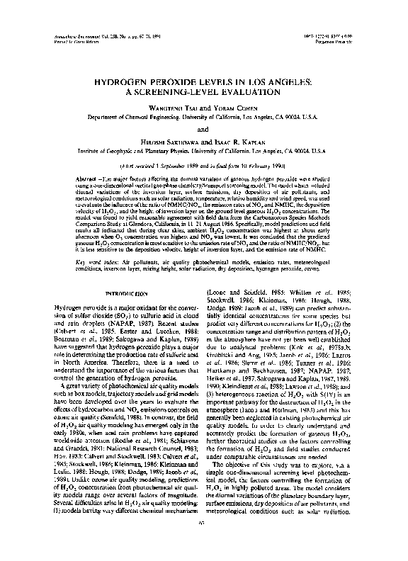 (PDF) Hydrogen peroxide levels in Los Angeles: a screening-level evaluation