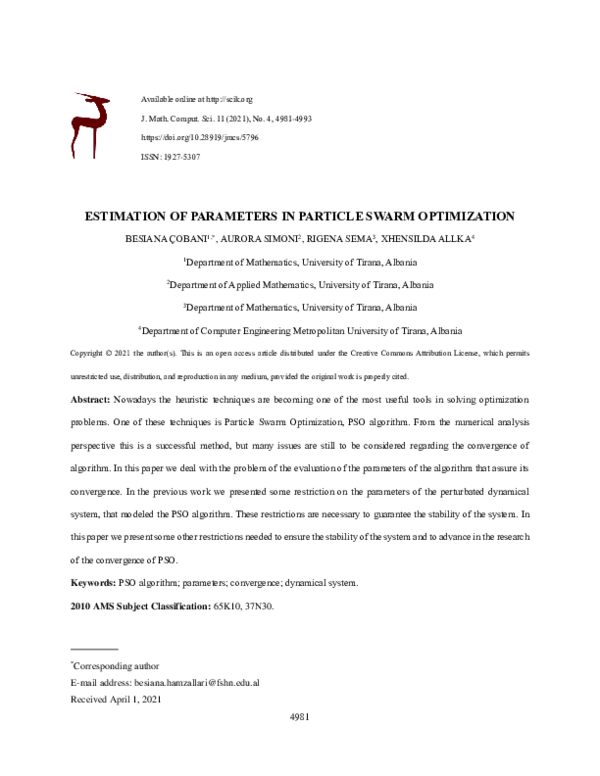 (PDF) Estimation of parameters in particle swarm optimization