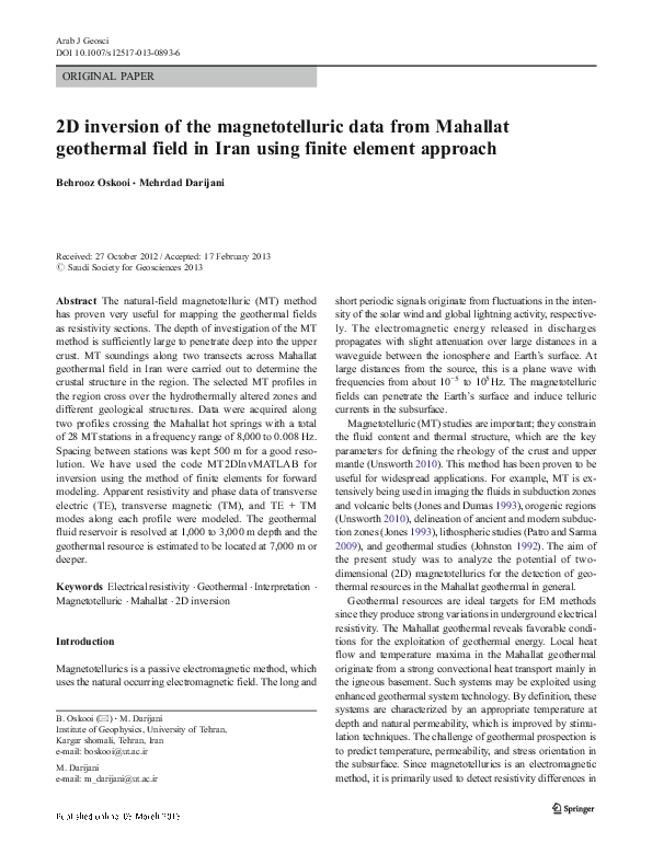 (PDF) 2D inversion of the magnetotelluric data from Mahallat geothermal field in Iran using ...