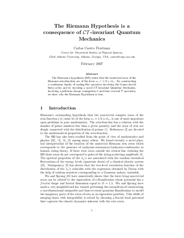 (PDF) The Riemann Hypothesis is a Consequence of -Invariant Quantum Mechanics