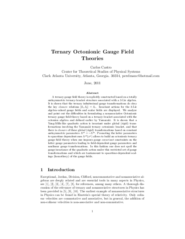 (PDF) Ternary Octonionic Gauge Field Theories | Carlos Castro Perelman ...