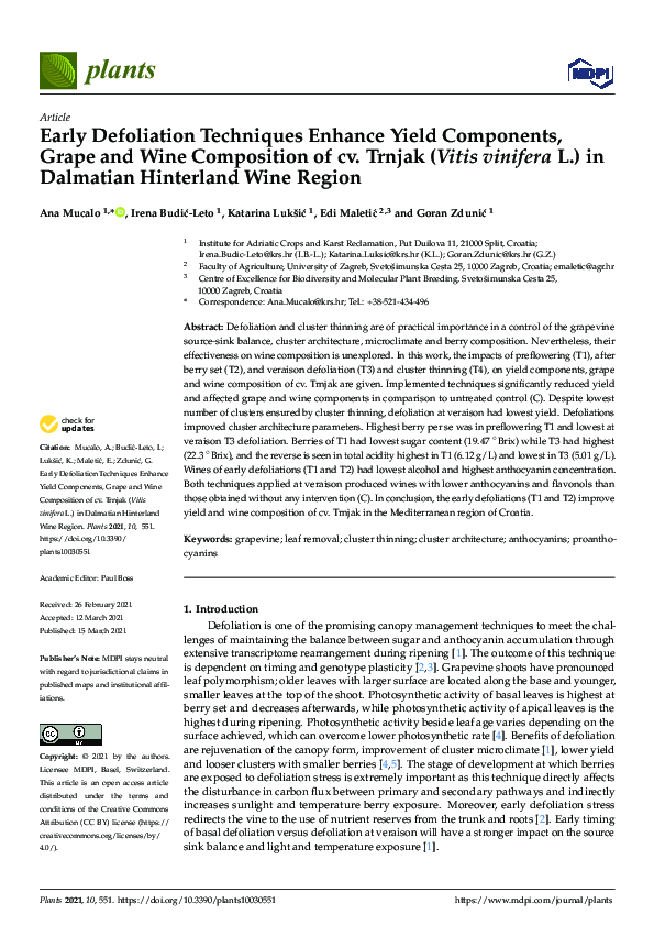 (PDF) Early Defoliation Techniques Enhance Yield Components, Grape and ...