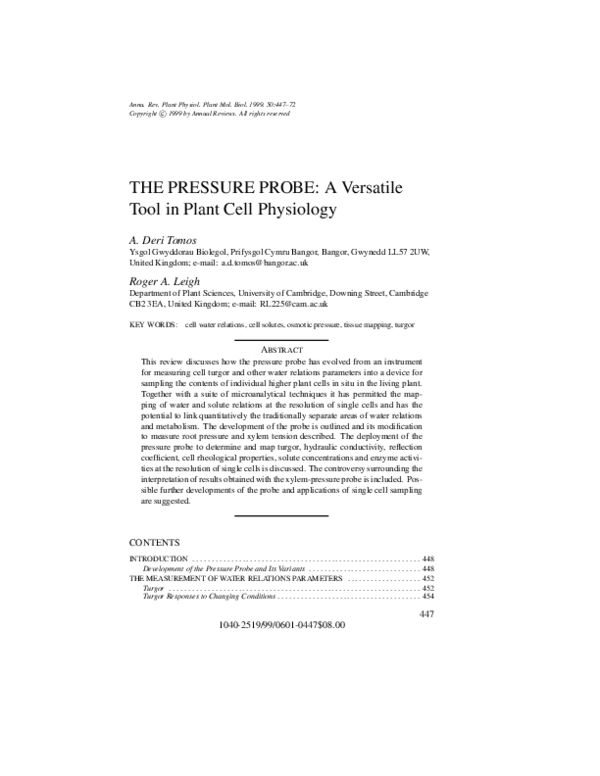 (PDF) THE PRESSURE PROBE: A Versatile Tool in Plant Cell Physiology