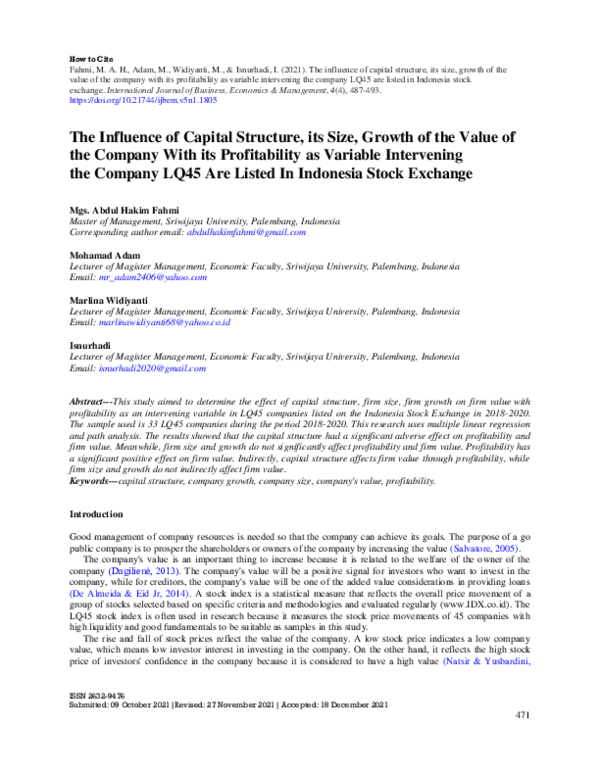 (PDF) influence of capital structure, its size, growth of the value of the company with its ...