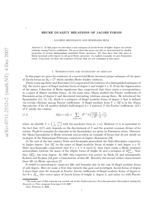 (PDF) Hecke duality relations of Jacobi forms