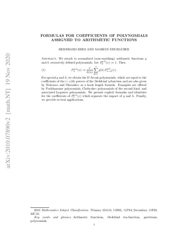 (PDF) Formulas for coefficients of polynomials assigned to arithmetic functions