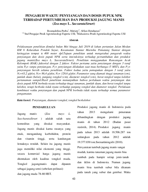 (PDF) PENGARUH WAKTU PENYIANGAN DAN DOSIS PUPUK NPK TERHADAP PERTUMBUHAN DAN PRODUKSI JAGUNG ...