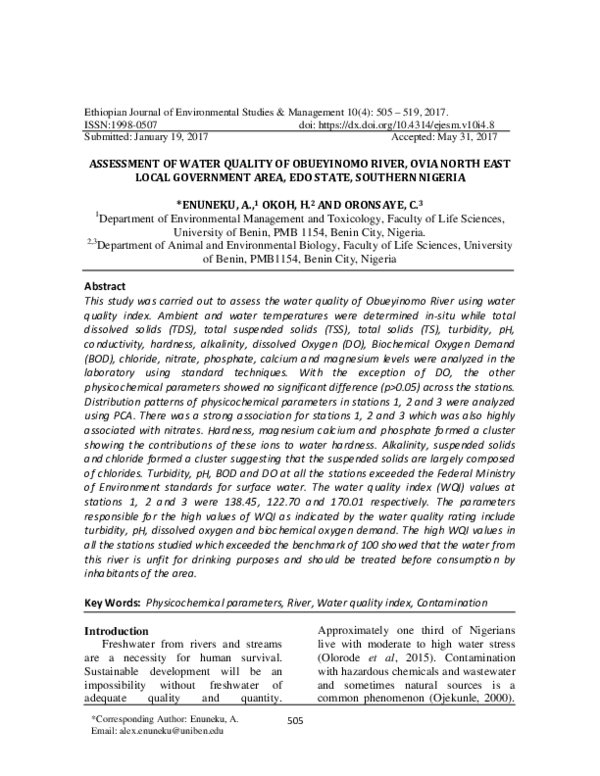 (PDF) Assessment of water quality of Obueyinomo River, Ovia North East ...