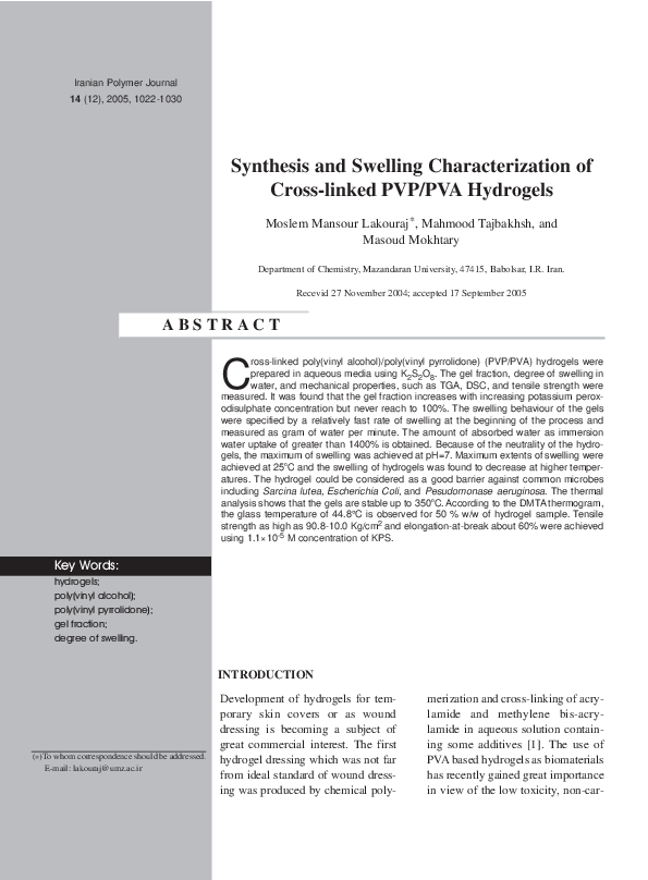 (PDF) Synthesis and Swelling Characterization of Cross-Linked PVP/Pva ...