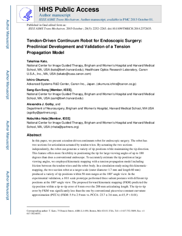 (PDF) Tendon-Driven Continuum Robot for Endoscopic Surgery: Preclinical Development and ...