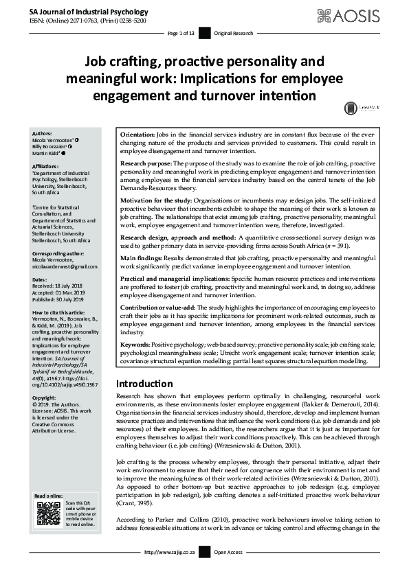 (PDF) Job crafting, proactive personality and meaningful work ...