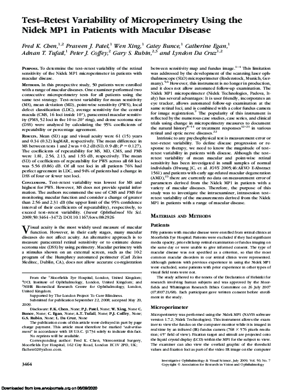 (PDF) Test-Retest Variability of Microperimetry Using the Nidek MP1 in ...
