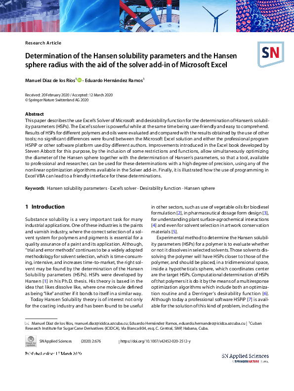 (PDF) Determination of the Hansen solubility parameters and the Hansen ...