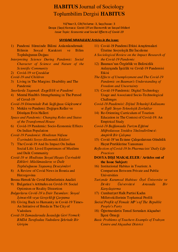 (PDF) Habitus Toplumbilim Dergisi Covid-19'un Ekonomik ve Sosyal Etkileri Sayısı (Cilt: 3, Sayı: 3).