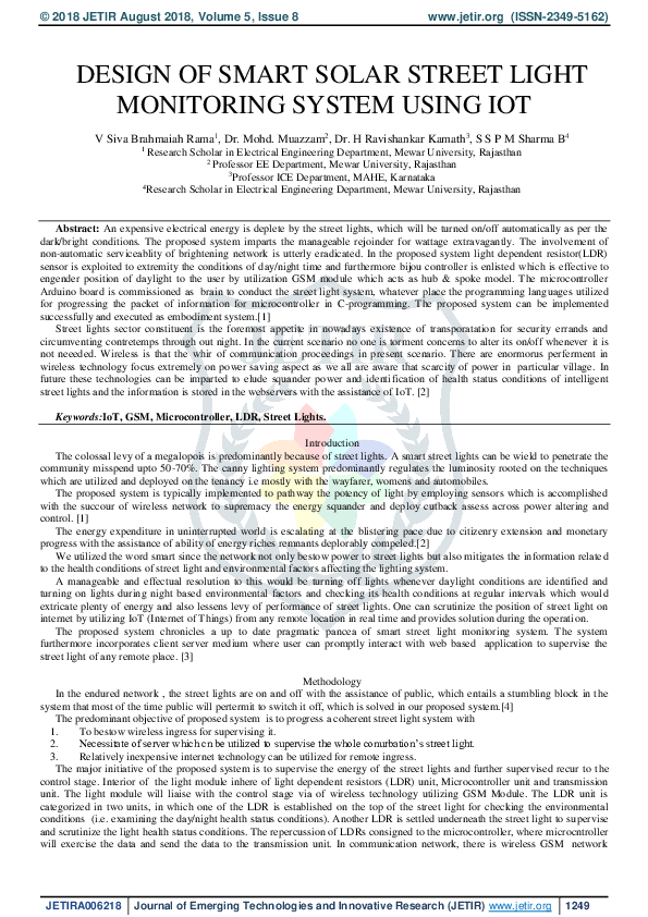 (PDF) Design of Smart Solar Street Light Monitoring System Using Iot