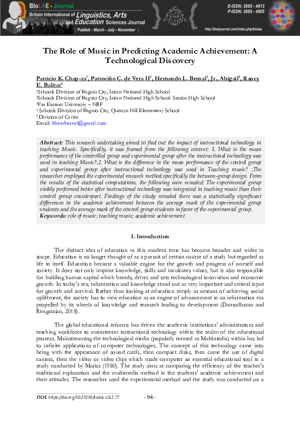 (PDF) The Role of Music in Predicting Academic Achievement: A ...