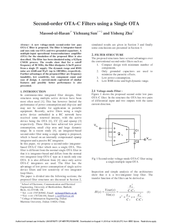 (PDF) Second-order OTA-C filters using a single OTA