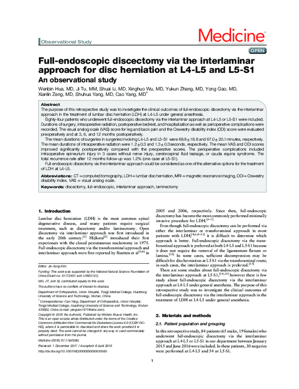 (PDF) Full-endoscopic discectomy via the interlaminar approach for disc ...