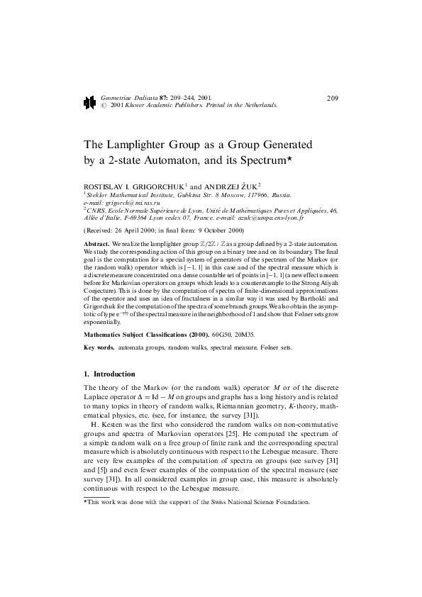 (PDF) The Lamplighter Group as a Group Generated by a 2-state Automaton ...