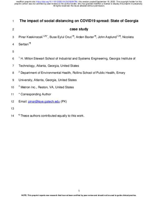 (PDF) The impact of social distancing on COVID19 spread: State of Georgia case study