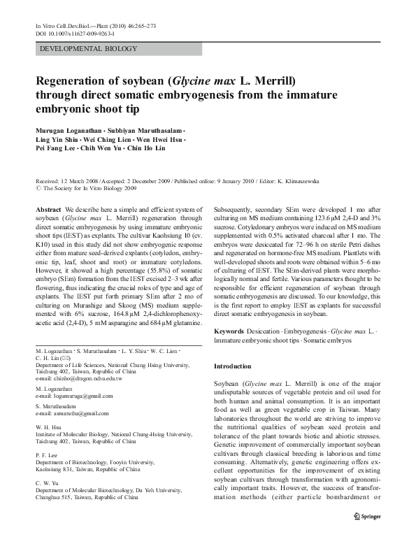 (PDF) Regeneration of soybean (Glycine max L. Merrill) through direct ...