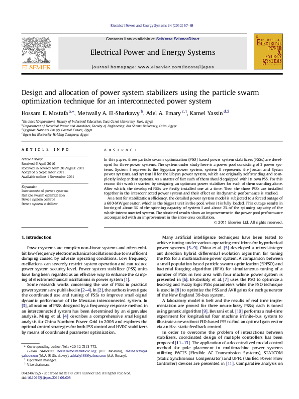 (PDF) Design and allocation of power system stabilizers using the particle swarm optimization ...