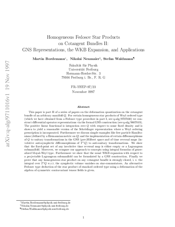 (PDF) Homogeneous Fedosov Star Products on Cotangent Bundles II: GNS