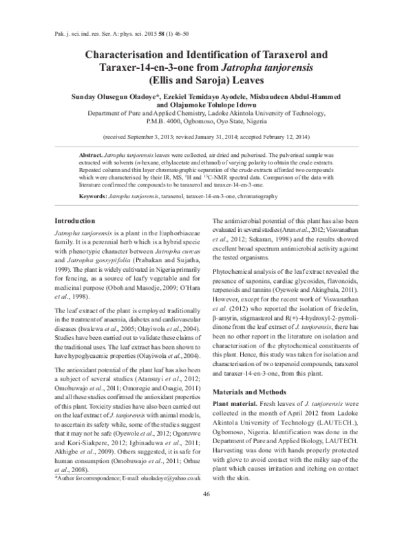 (PDF) Characterisation and Identification of Taraxerol and Taraxer-14 ...