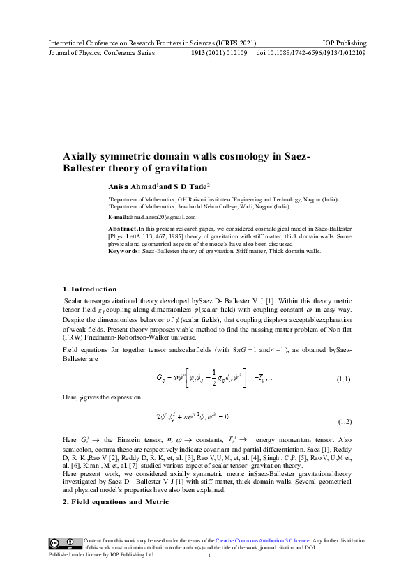 (PDF) Axially symmetric domain walls cosmology in Saez-Ballester theory ...
