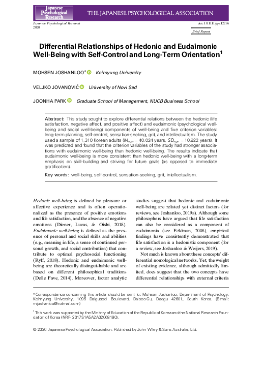 (PDF) Differential Relationships of Hedonic and Eudaimonic Well‐Being ...