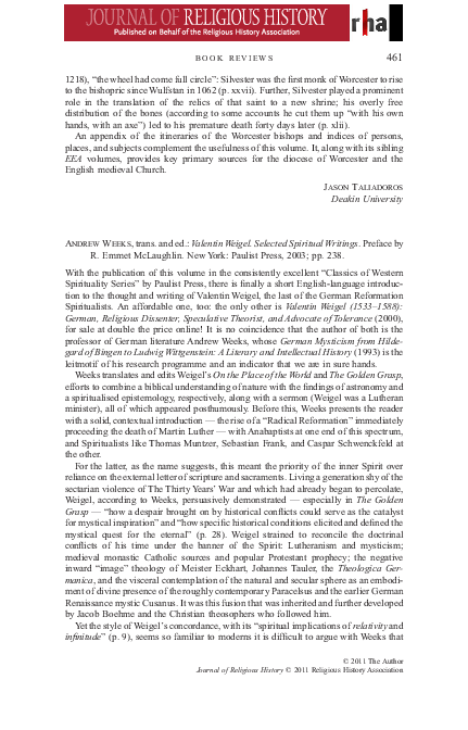 (PDF) Valentin Weigel. Selected Spiritual Writings - Edited and trans ...