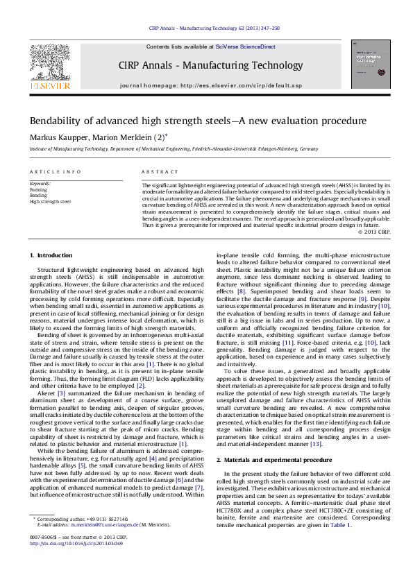 (PDF) Bendability of advanced high strength steels—A new evaluation ...