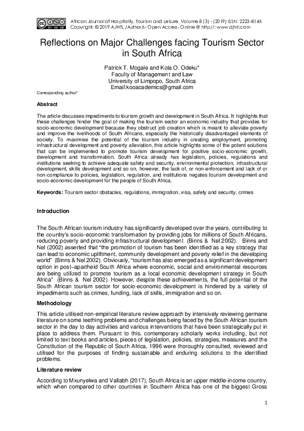 (PDF) Reflections on Major Challenges facing Tourism Sector in South Africa