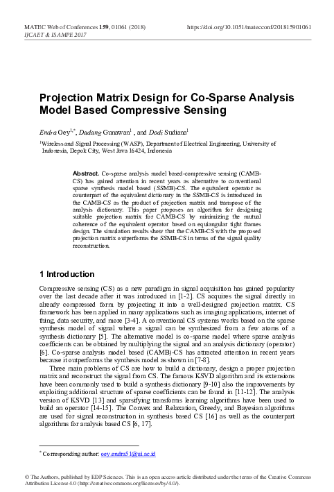 Pdf Projection Matrix Design For Co Sparse Analysis Model Based Compressive Sensing