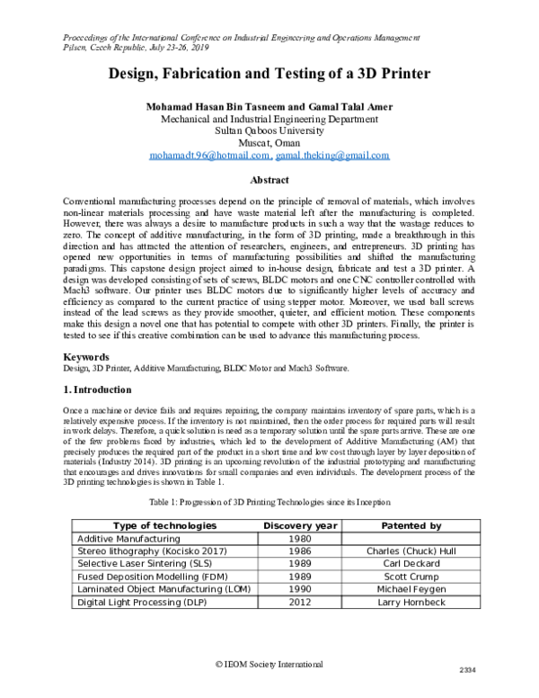 (PDF) Design, Fabrication and Testing of a 3D Printer