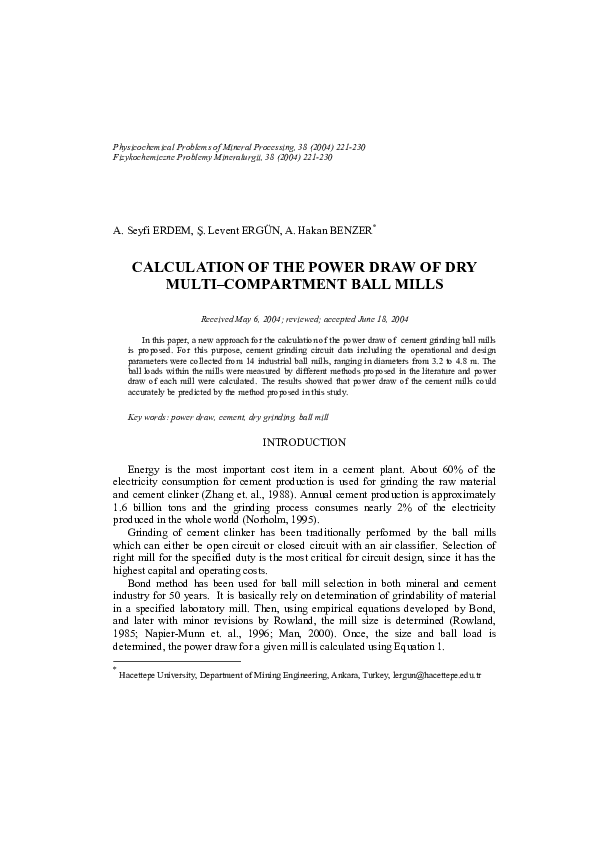 (PDF) Calculation of the Power Draw of Dry Multi compartment Ball Mills