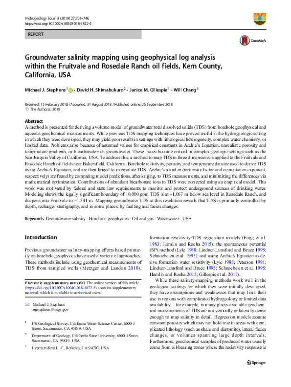 (PDF) Groundwater salinity mapping using geophysical log analysis within the Fruitvale and ...